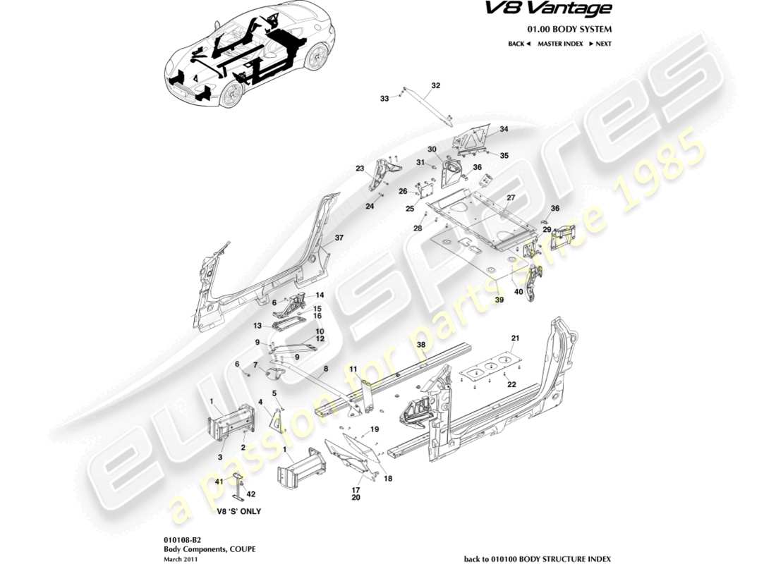 V8 Vantage (2006) body components, coupe Diagram (010108-B2)